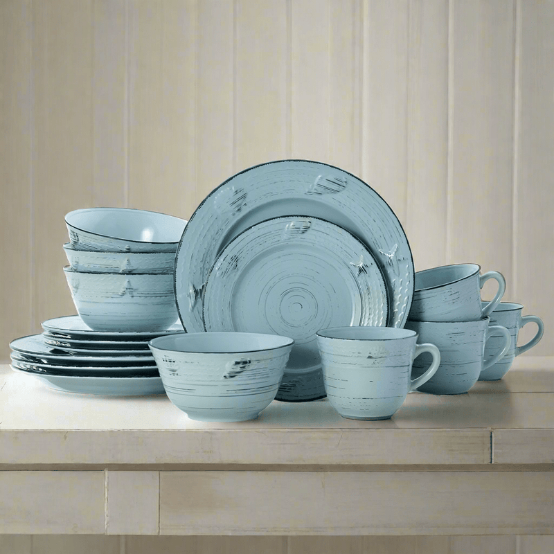 Trellis Coastal Teal 16 Piece Dinnerware Set, Service for 4